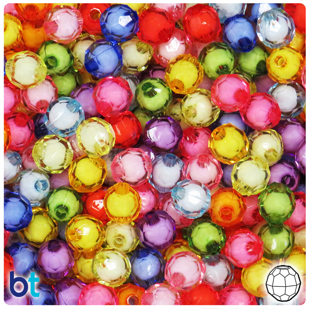 Mixed Transparent 10mm Faceted Round Plastic Beads - White Core Bead