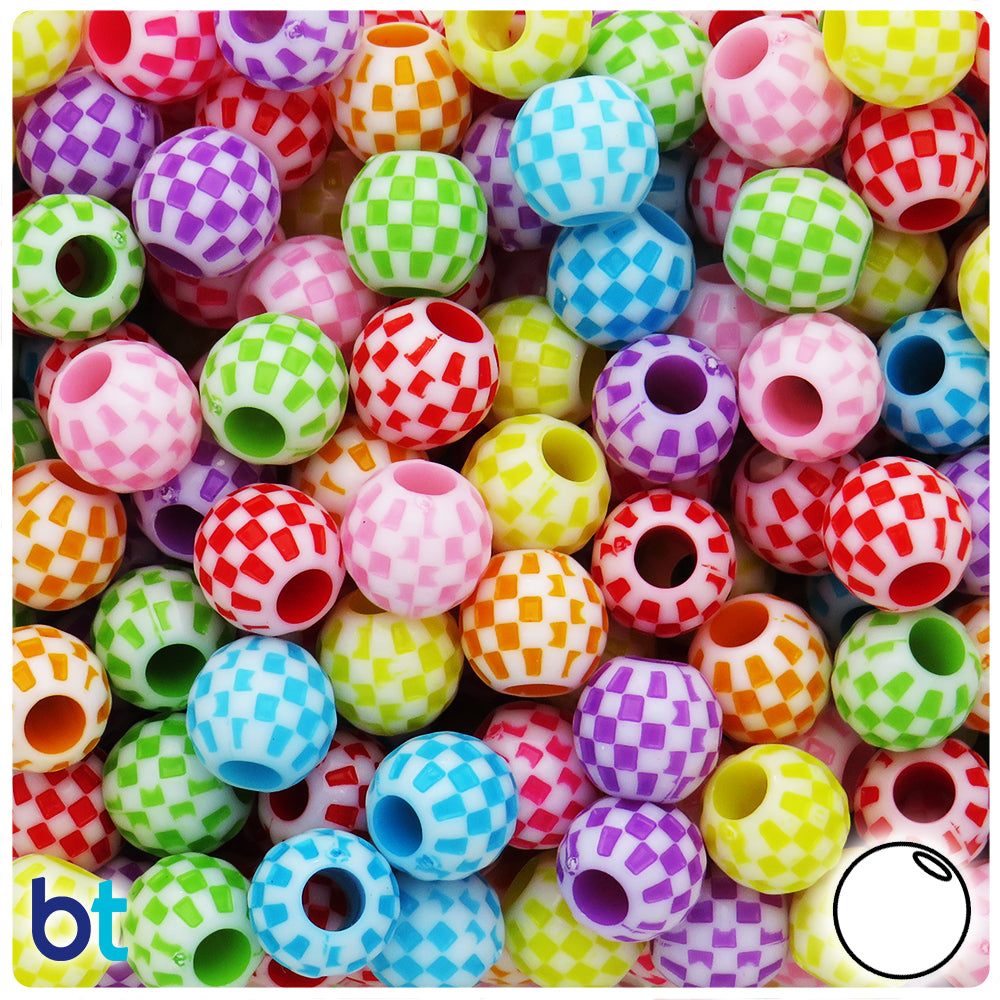 White Opaque 12mm Round Plastic Beads - Colored Checkered (65pcs)