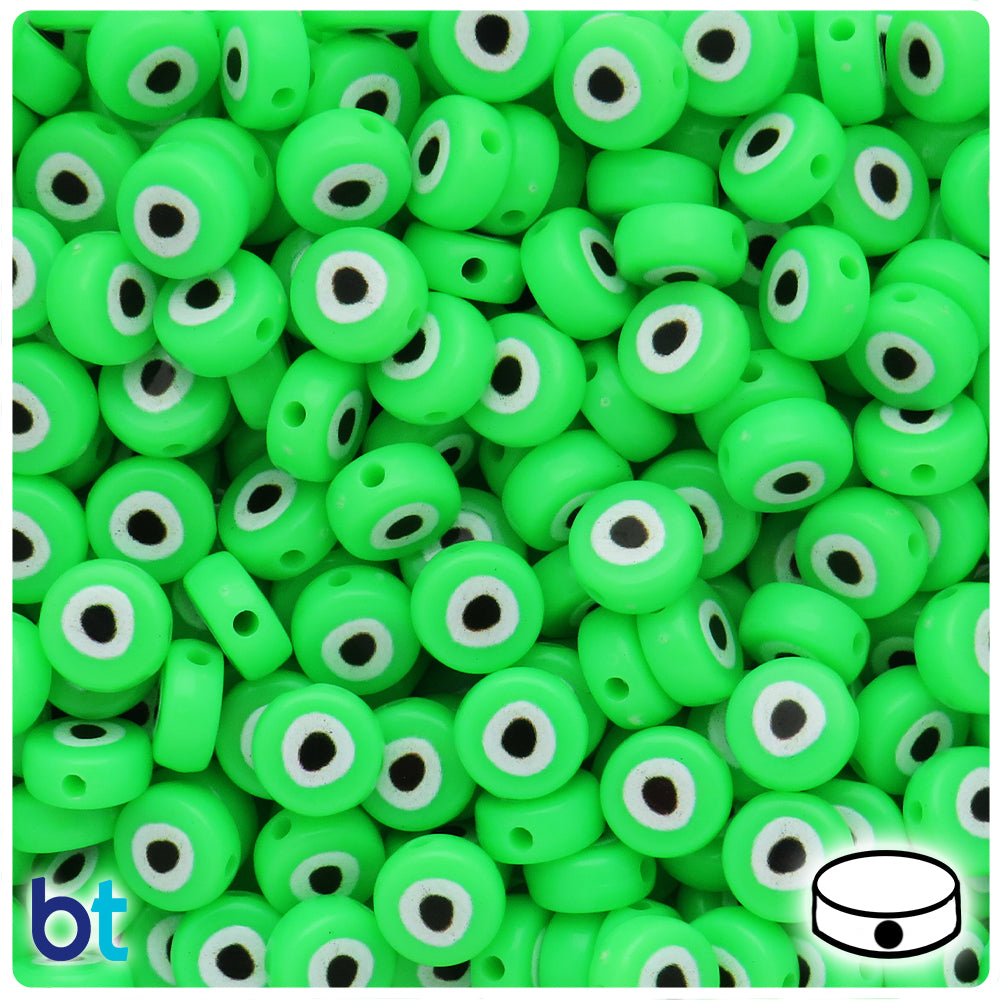 Green Opaque 10mm Flat Round Plastic Beads - Evil Eye Design (100pcs)