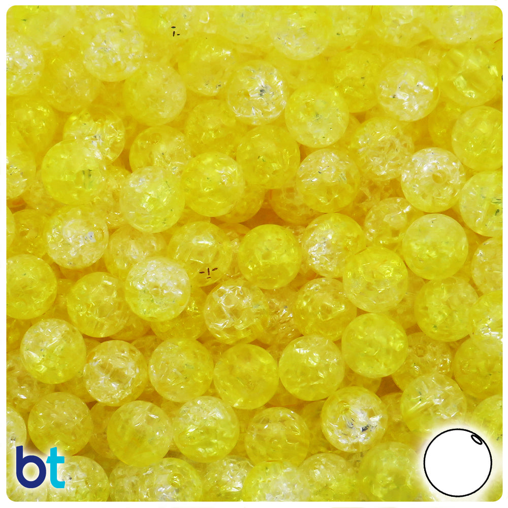 Yellow & Clear Transparent 10mm Round Plastic Beads - Crackle Effect