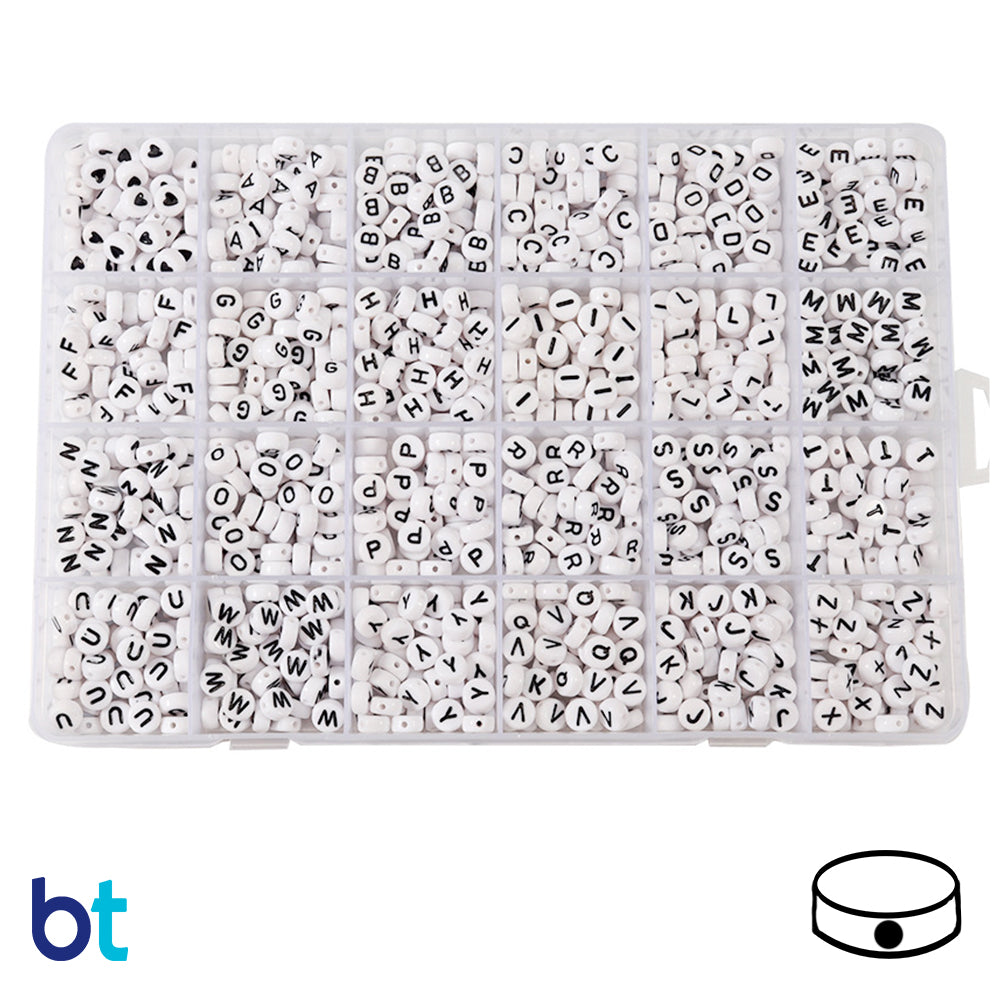 White Opaque 7mm Coin Alpha Beads - Black Letters (Box Set)