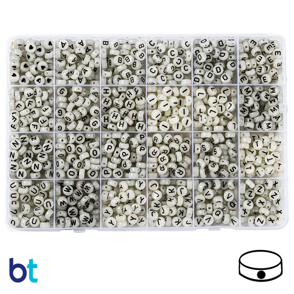 Luminous 7mm Coin Alpha Beads - Black Letters (Box Set)