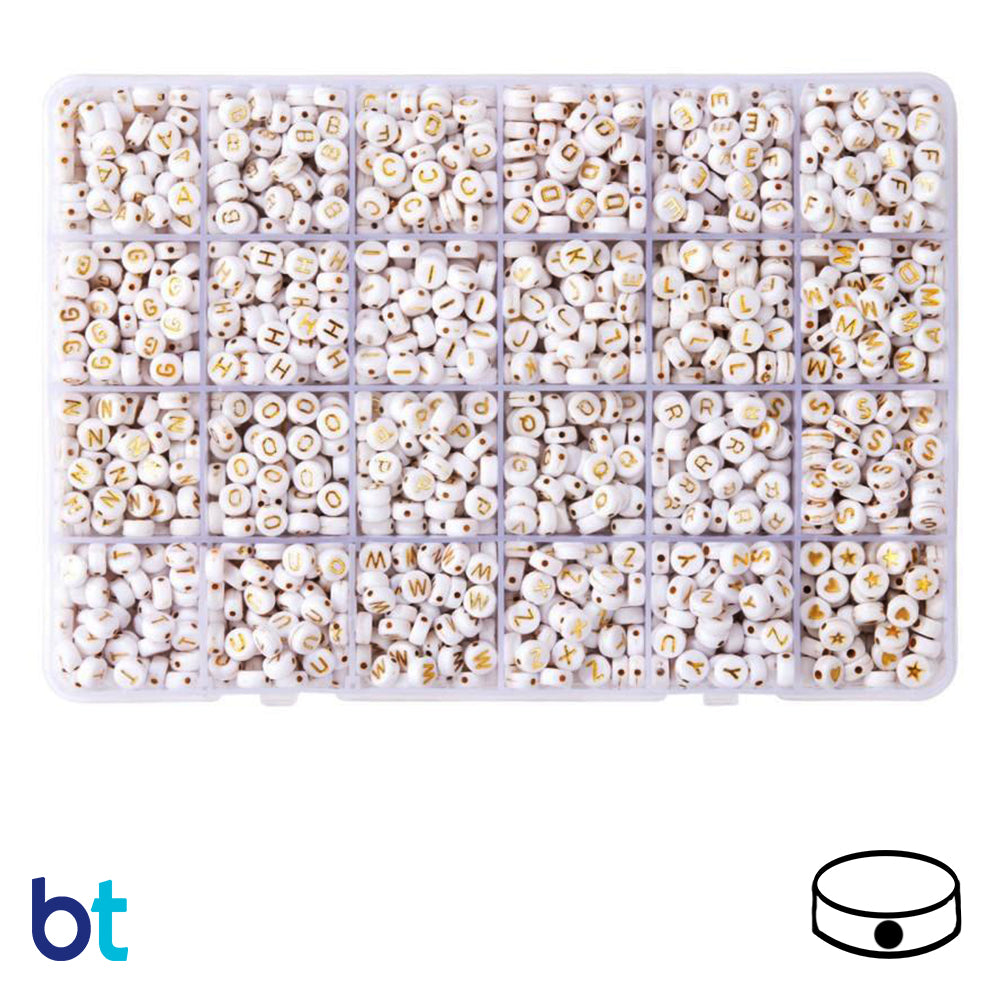 White Opaque 7mm Coin Alpha Beads - Gold Letters (Box Set)