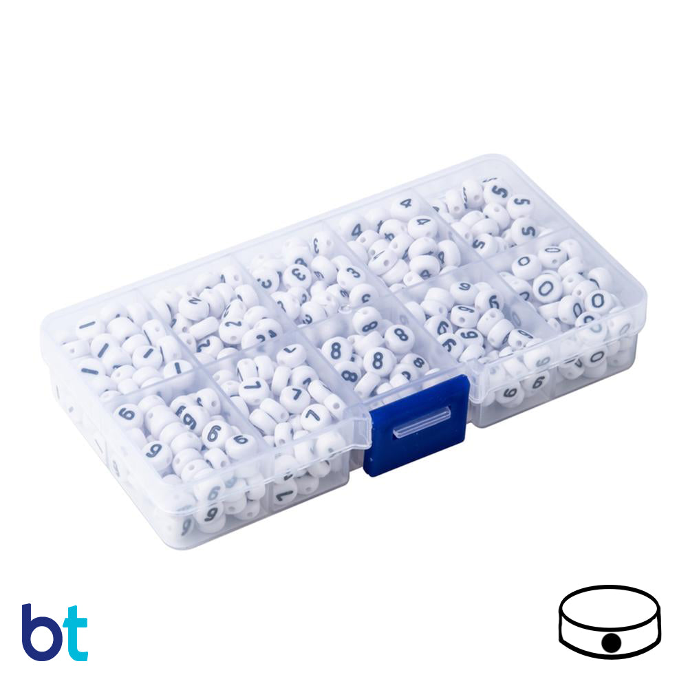 White Opaque 7mm Coin Alpha Beads - Black Numbers (Box Set)
