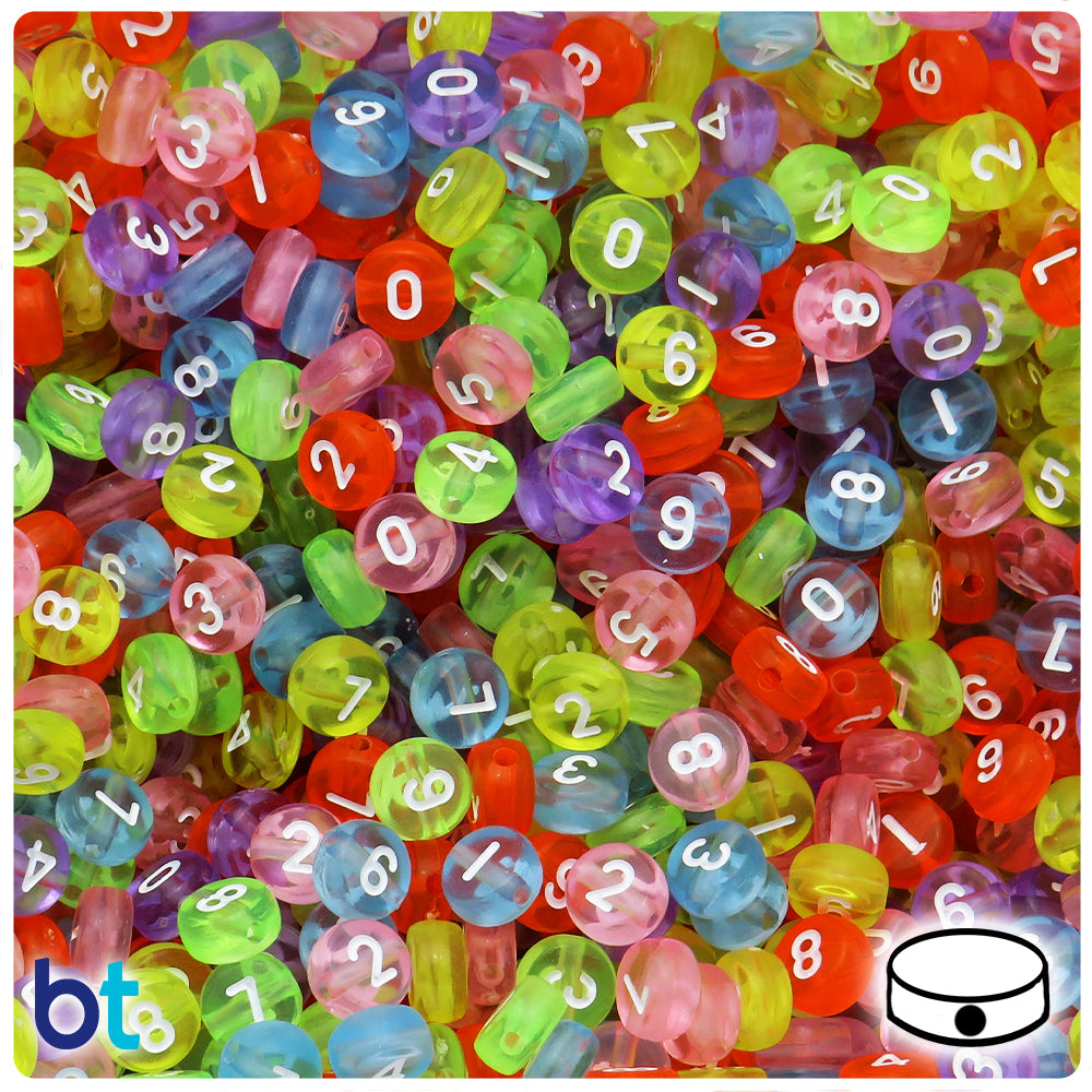 Mixed Transparent 7mm Coin Alpha Beads - White Number Mix (250pcs)