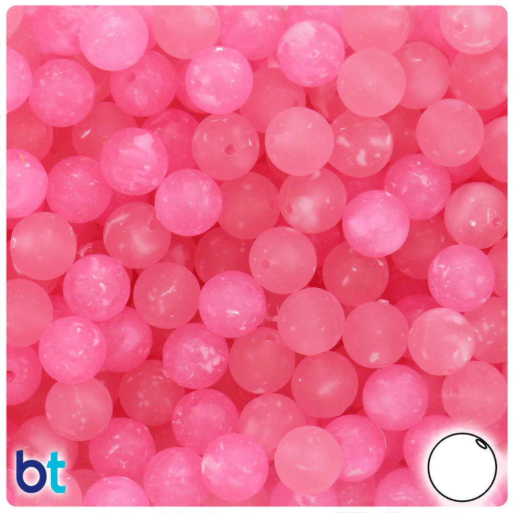 Pink Frosted 10mm Round Plastic Beads - White Swirls (150pcs)
