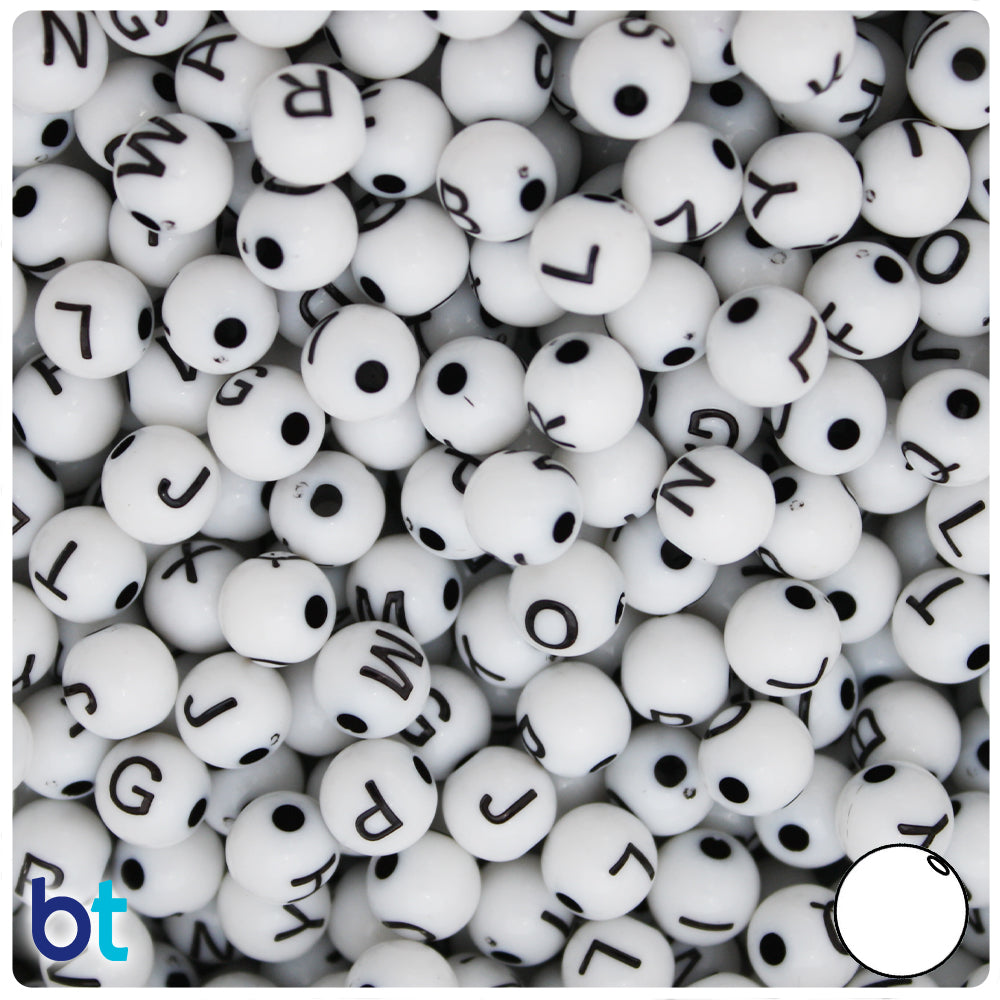 White Opaque 8mm Round Alpha Beads - Black Letter Mix (200pcs)