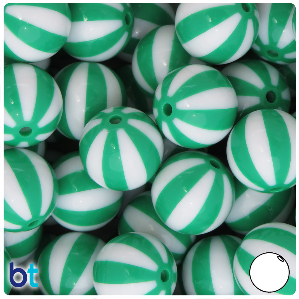 Green Opaque 20mm Round Plastic Beads - White Beach Ball Stripes (10pc